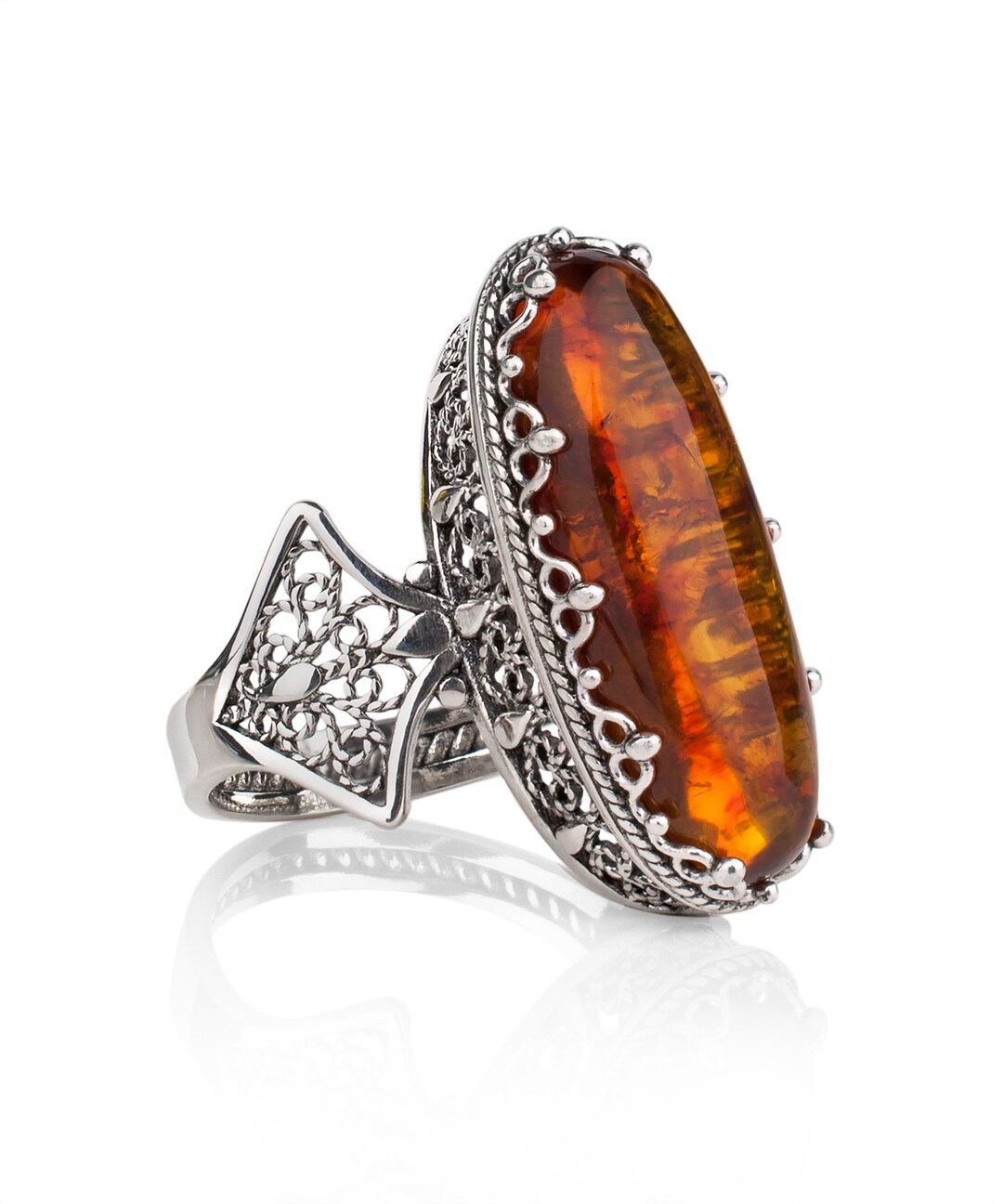 Long Bold Silver Amber Ring, Size 5-12, 925 Sterling Designer Ornate 8 ...
