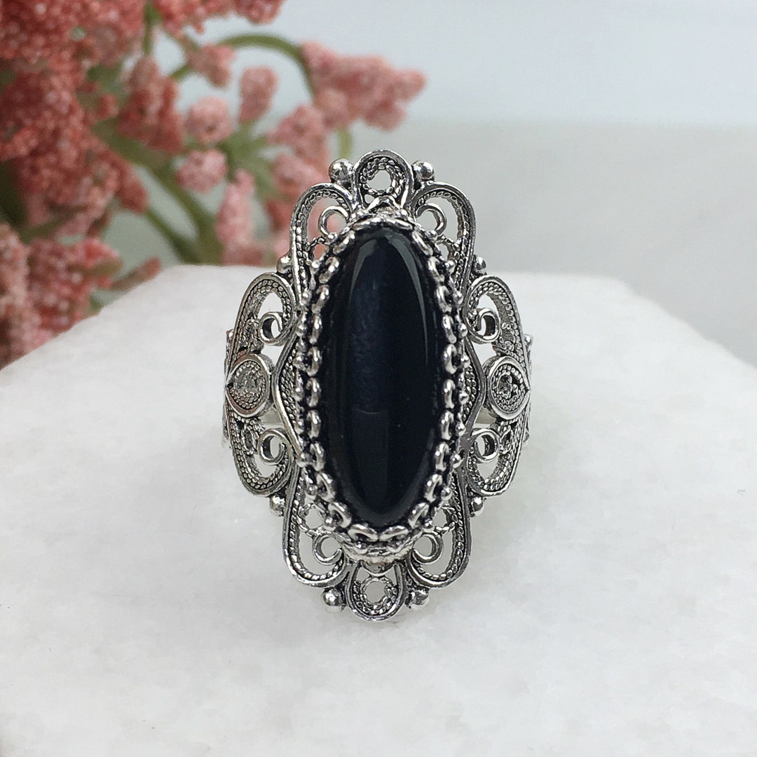 Onyx Silver Ring, Handmade Solid 925 Sterling Silver Genuine Black Onyx Gemstone Filigree Oval ...