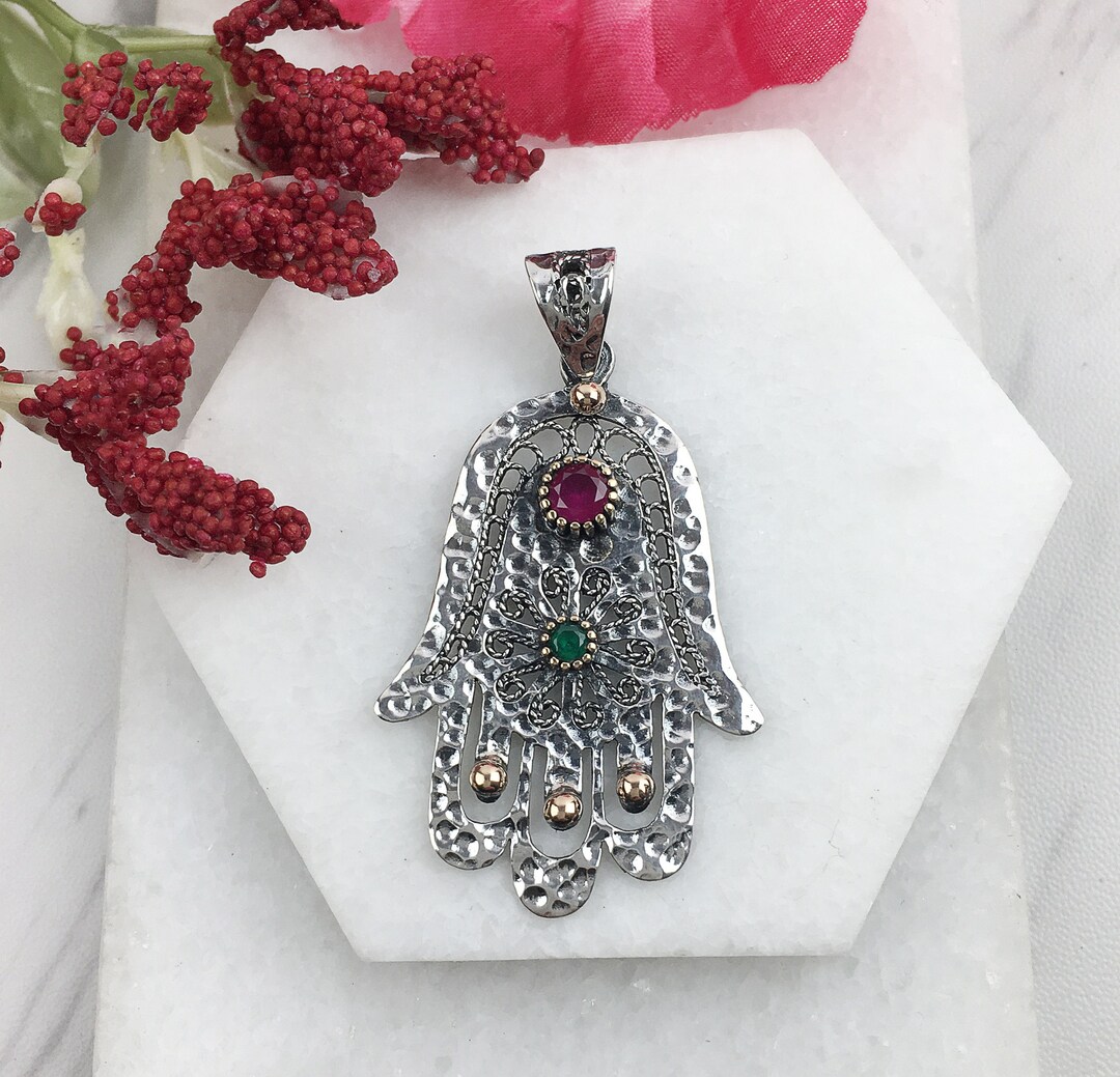 Hamsa Hand Pendant, Blackened Hammered Solid 925 Sterling Silver Ruby ...