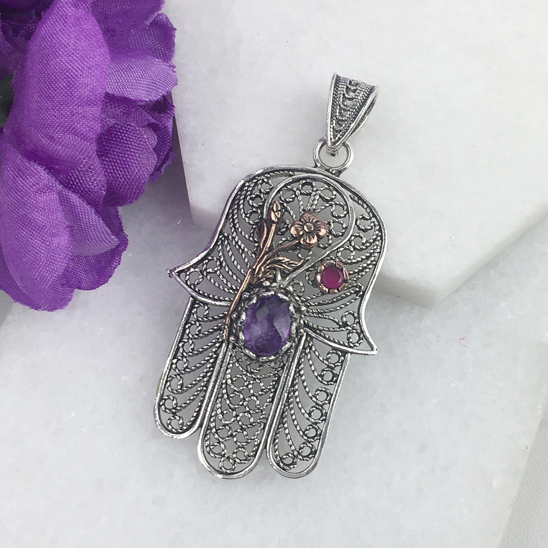 Hamsa Hand Pendant, Natural Amethyst Ruby Gemstones Solid 925 Sterling ...