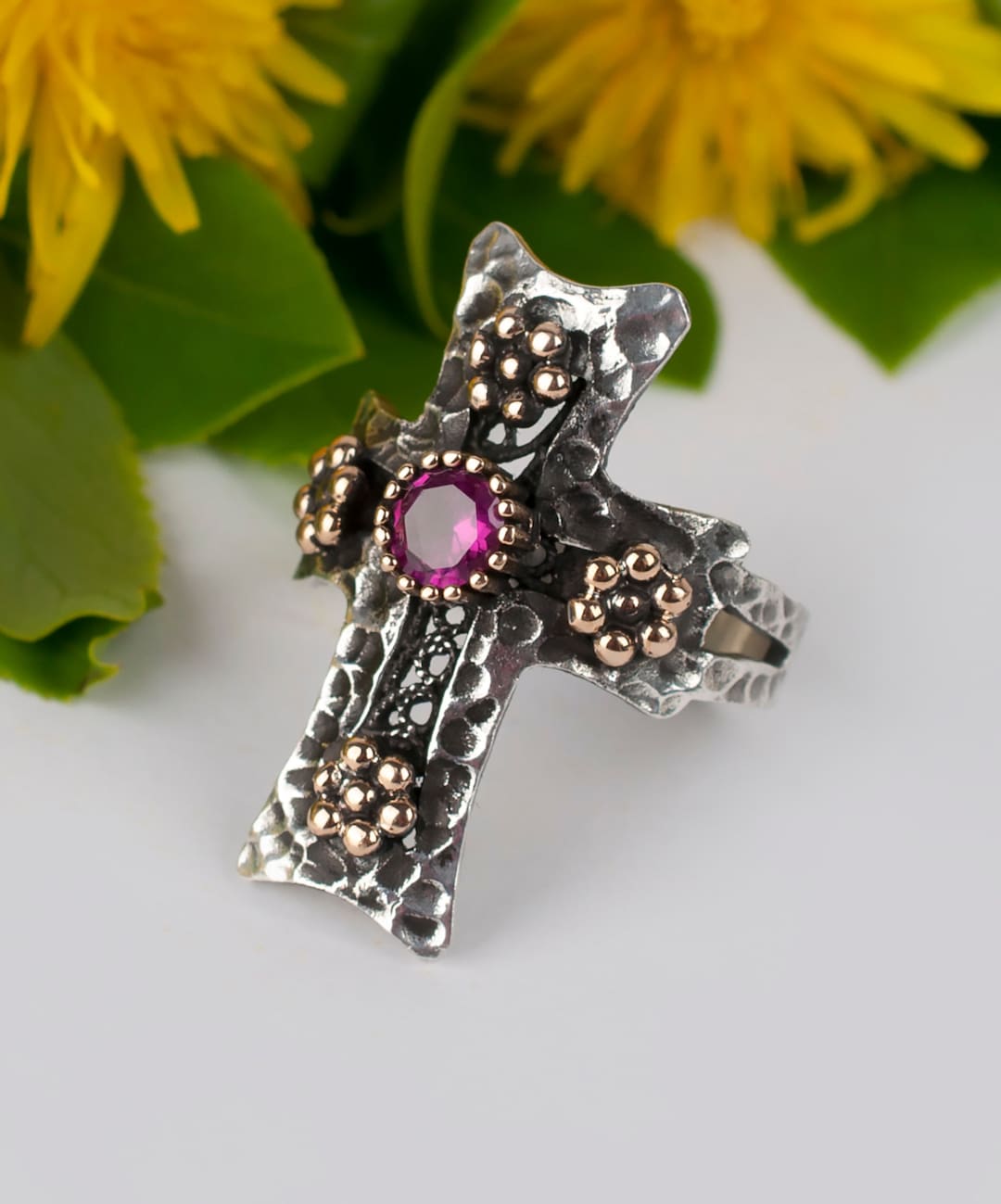Blackened Silver Ruby Cross Ring, 925 Sterling Silver Red Ruby Corundum ...
