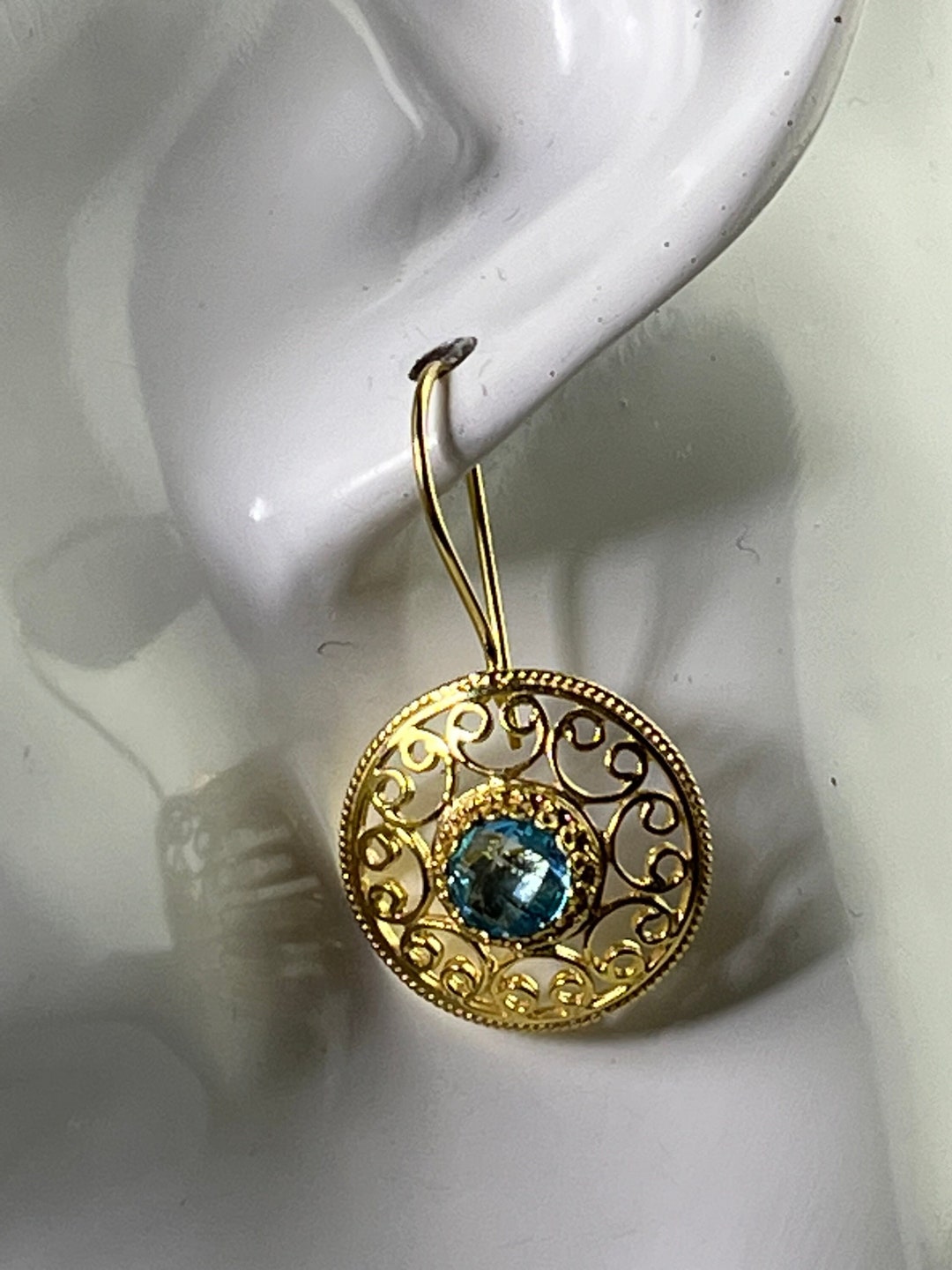 14K Solid Gold Swiss Blue Topaz Earrings Designer Round Lacey Drop ...