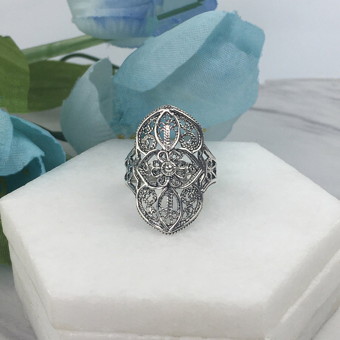 Heart & Leaf Silver Ring, 925 Sterling Silver Handmade Artisan Crafted Filigree Heart and Leaf ...