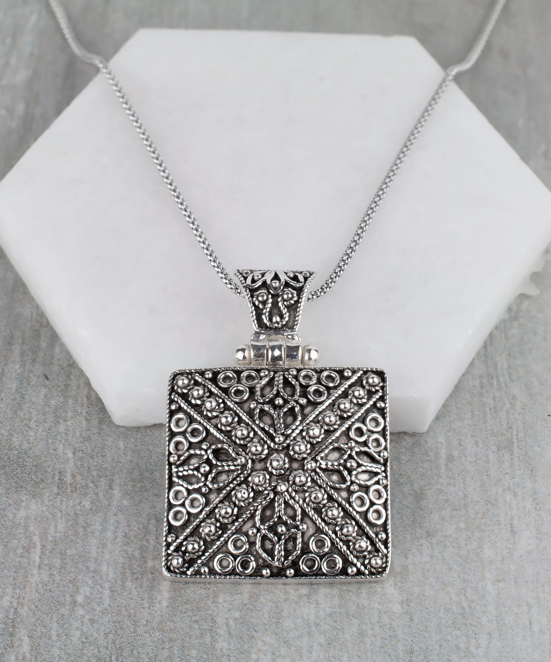 Silver Pendant Necklace,925 Sterling Silver Artisan Crafted DGS Square ...