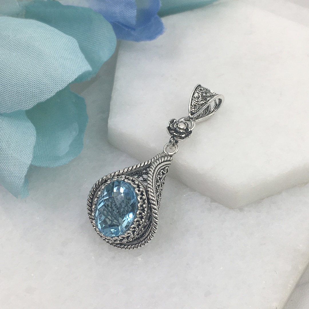 Blue Topaz Silver Pendant, 925 Sterling Silver Natural Genuine Blue ...