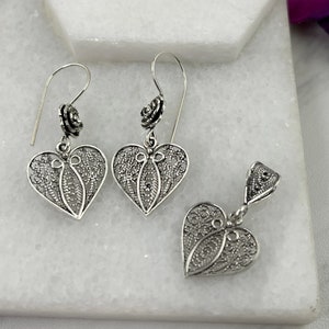 Silver Heart Earring Necklace Set 925 Sterling Heart Shape Pendant ...