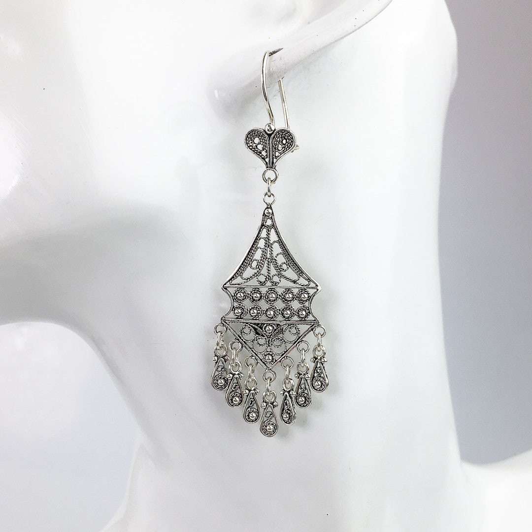 Silver Chandelier Earrings, 925 Sterling Silver Ornate Handmade Artisan ...