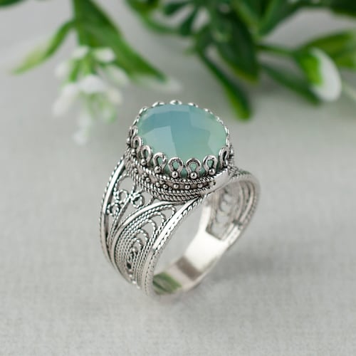 Aqua Chalcedony Stone Ring 925 Sterling Silver Jewelry Lovely - Etsy