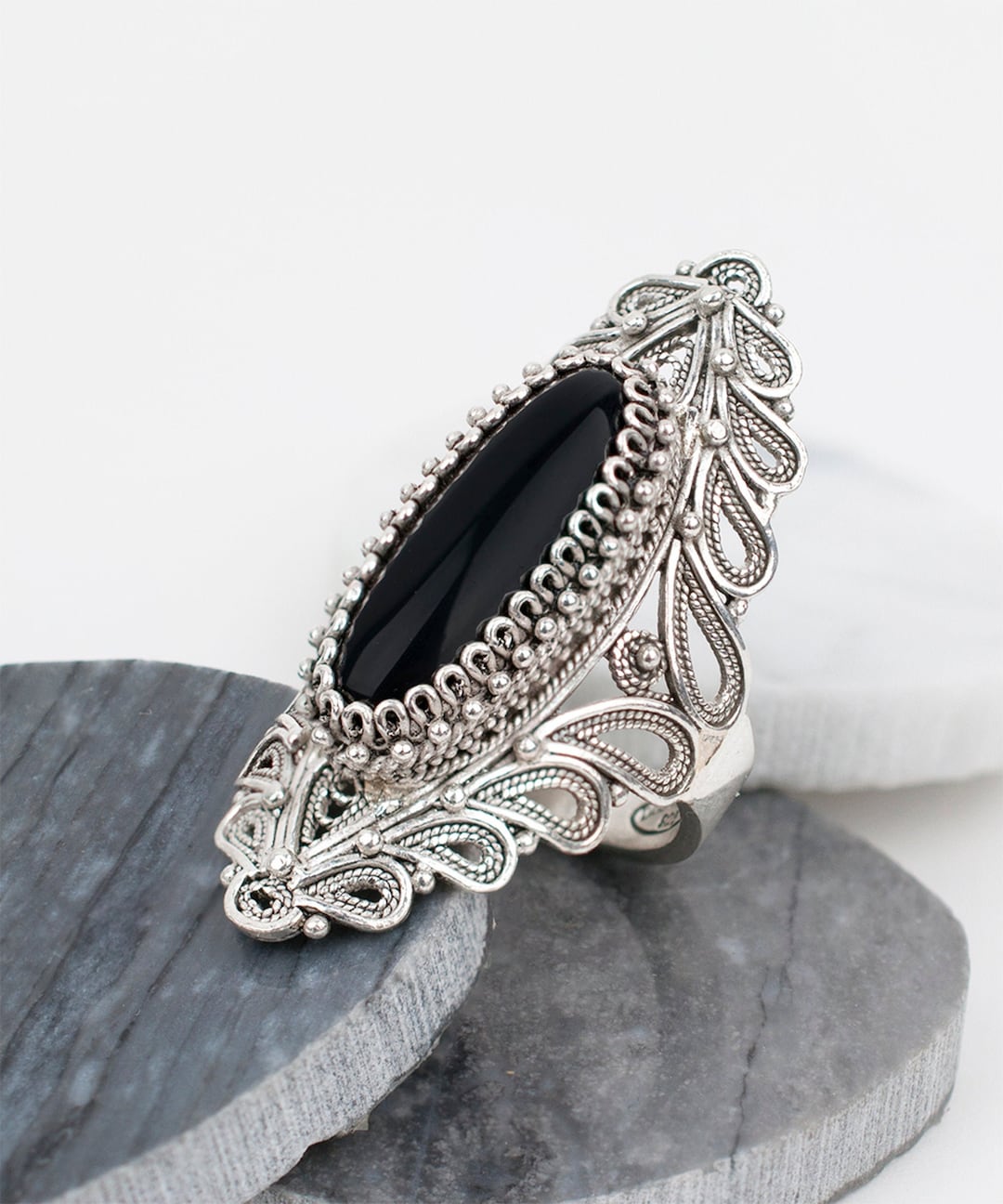Black Onyx Silver Ring, 925 Sterling Silver Black Onyx Filigree Oval ...