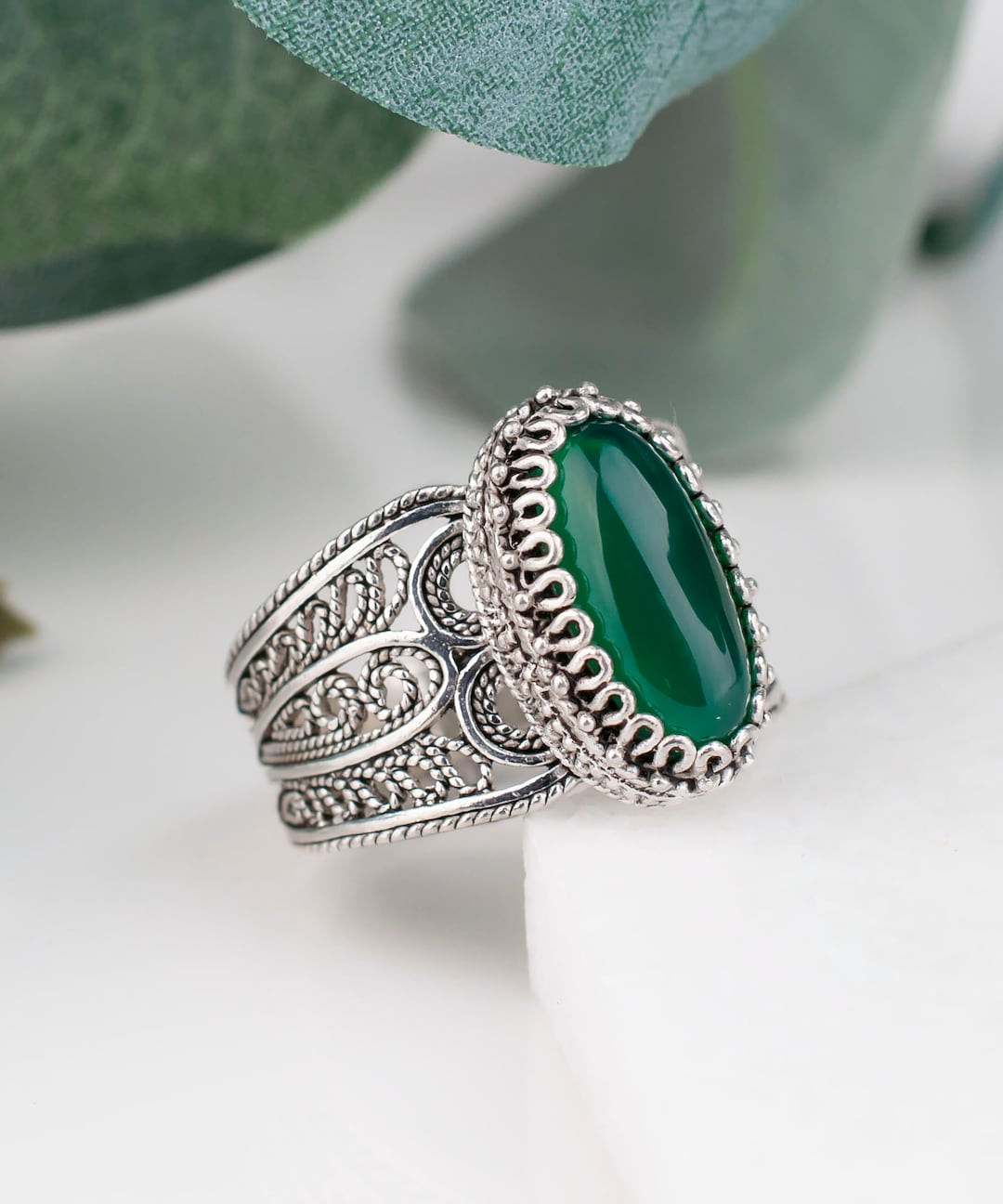 Anillo de piedras preciosas de ágata verde Plata de ley 925 Hecho a ...