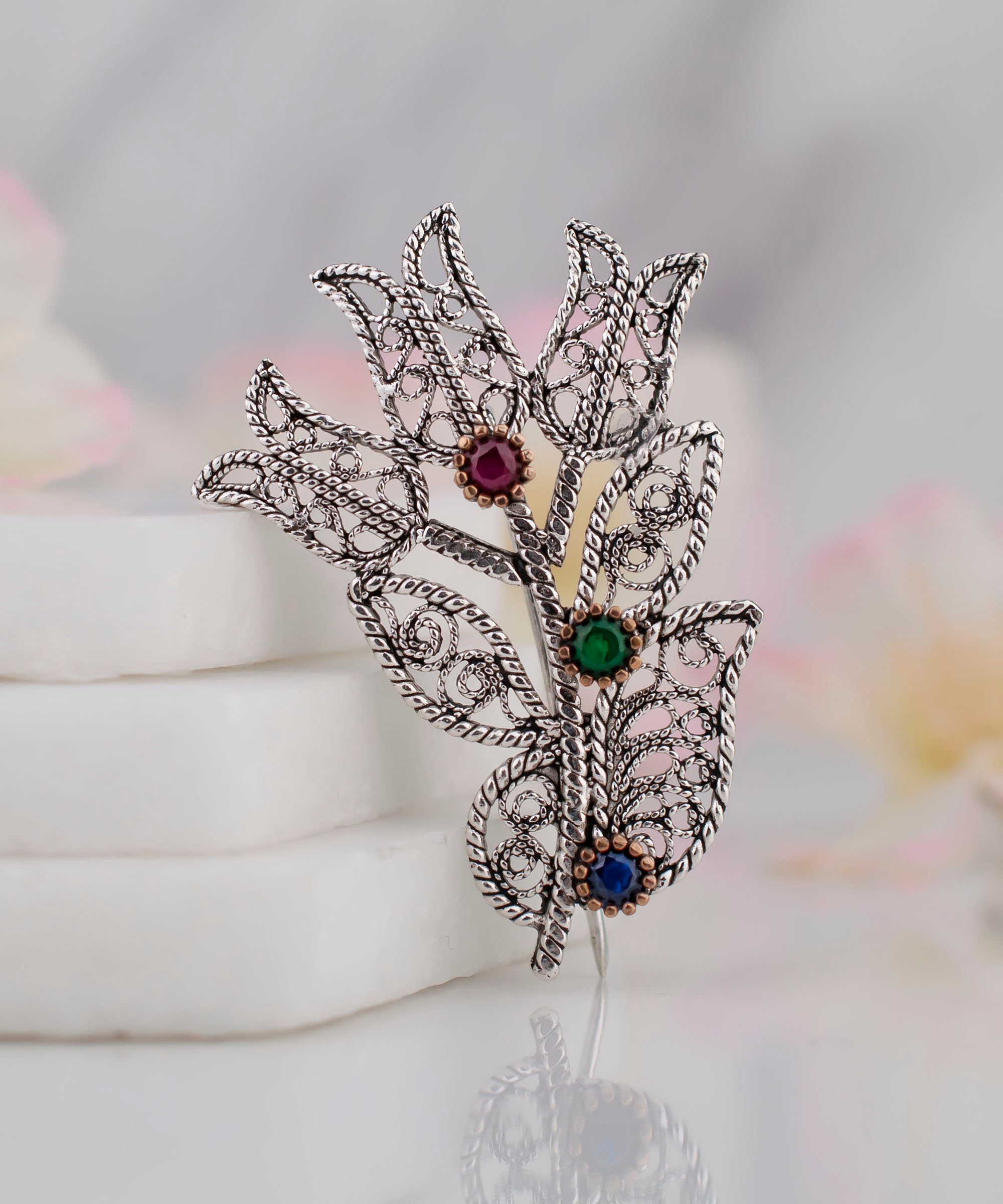 Women Silver Floral Brooch 925 Sterling Gemstone 3 Tulip Lapel | Etsy