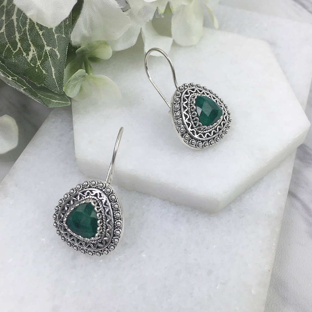 One of a Kind Green Corundum Silver Earrings, 925 Sterling Silver Green ...