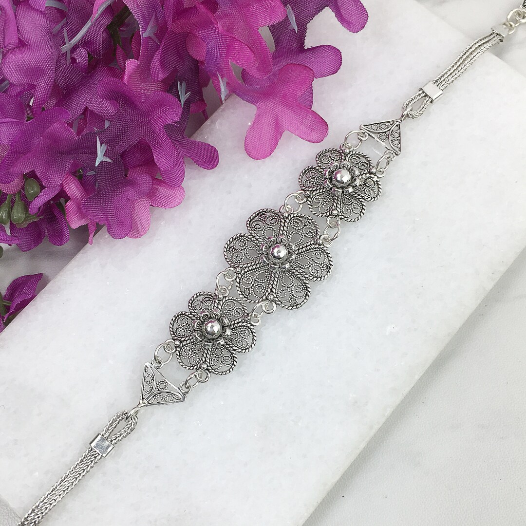 Silver Floral Bracelet, Solid 925 Sterling Silver Handmade Adjustable ...