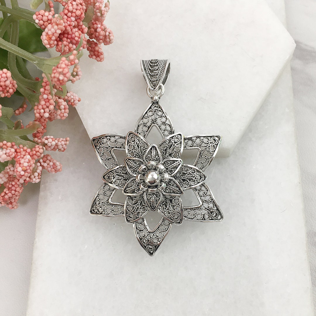 Handmade Multi Layer Silver Floral Pendant,925 Sterling Silver Artisan ...