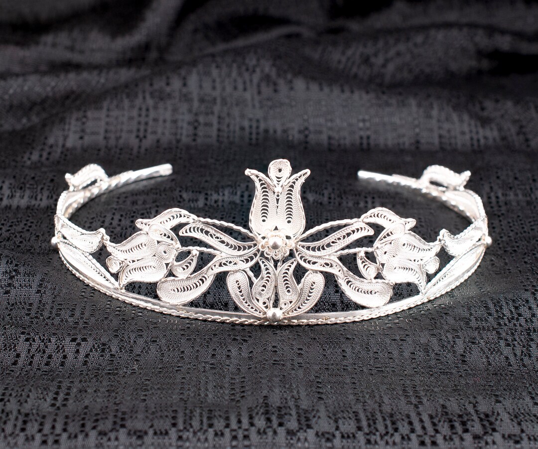 Silver Floral Statement Crown Wedding Tiara 925 Sterling Silver Artisan ...