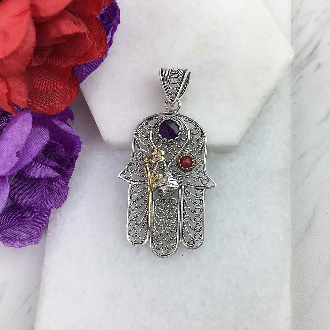 Hamsa Hand Pendant, Natural Amethyst Ruby Gemstones Solid 925 Sterling ...