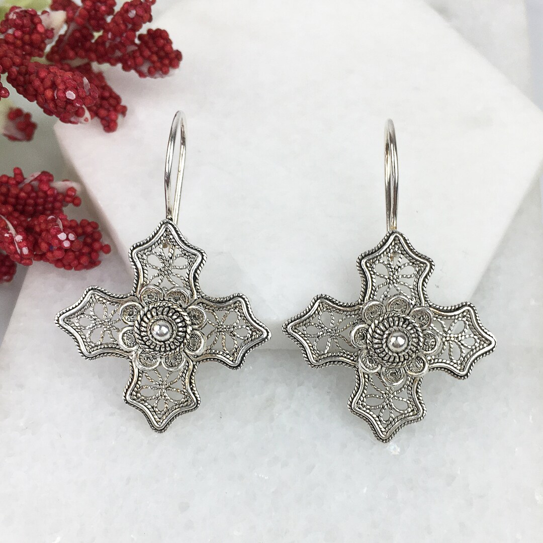 Silver Cross Earrings, 925 Sterling Silver Artisan Crafted Filigree ...