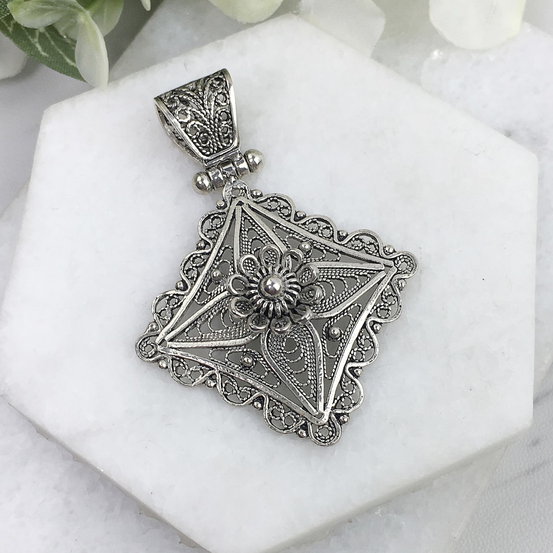Silver Rhombus Pendant, Solid 925 Sterling Silver Handmade Filigree ...