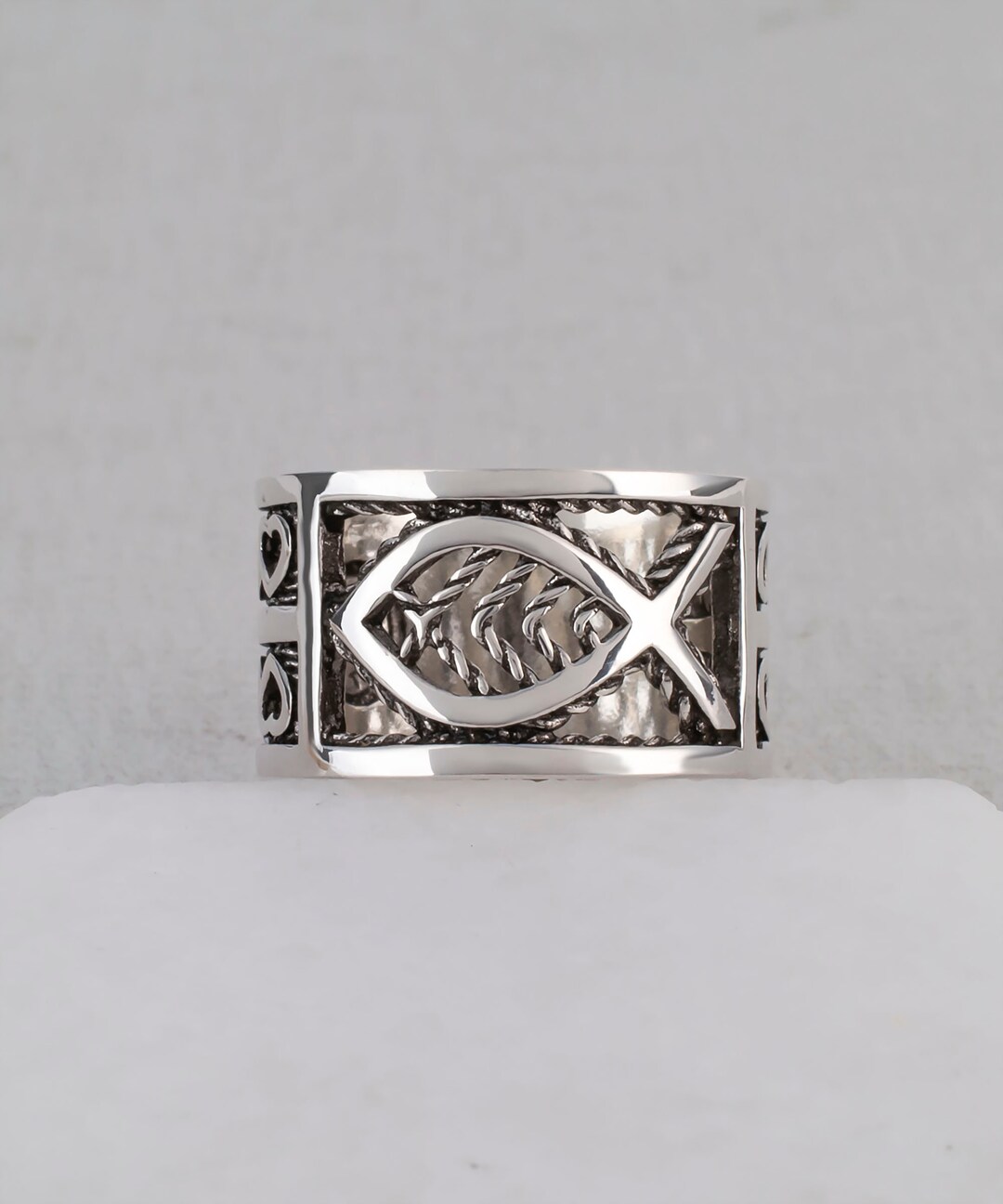 Jesus Fish Silver Wide Band Ring , 925 Sterling Silver Christian Jesus ...