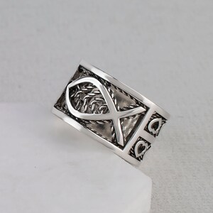 Jesus Fish Silver Wide Band Ring , 925 Sterling Silver Christian Jesus Fish Ring Ichthus Ichthys ...