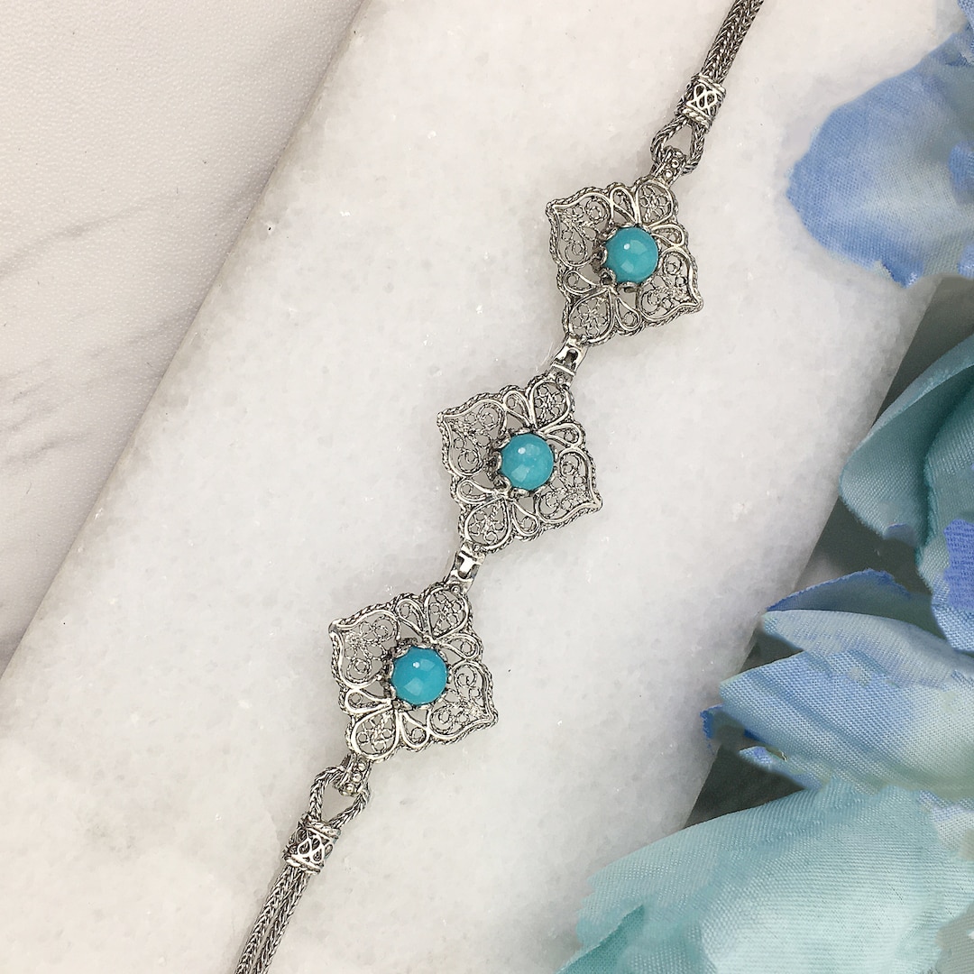 Natural Blue Turquoise Bracelet, 925 Sterling Silver Genuine Blue ...
