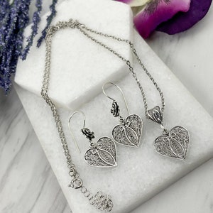Silver Heart Earring Necklace Set 925 Sterling Heart Shape Pendant ...