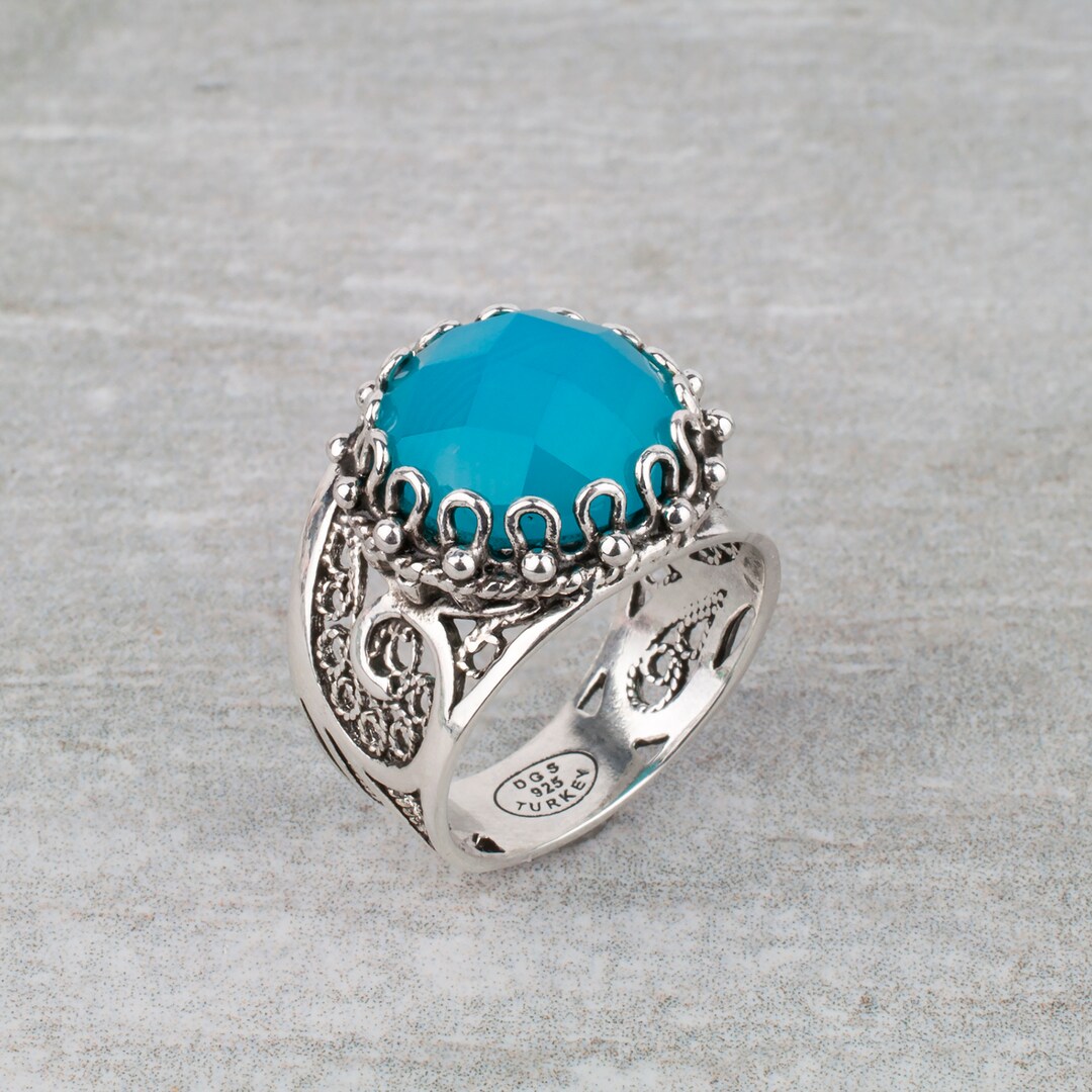 Natural Blue Agate Silver Ring,925 Sterling Silver Genuine Faceted Blue ...