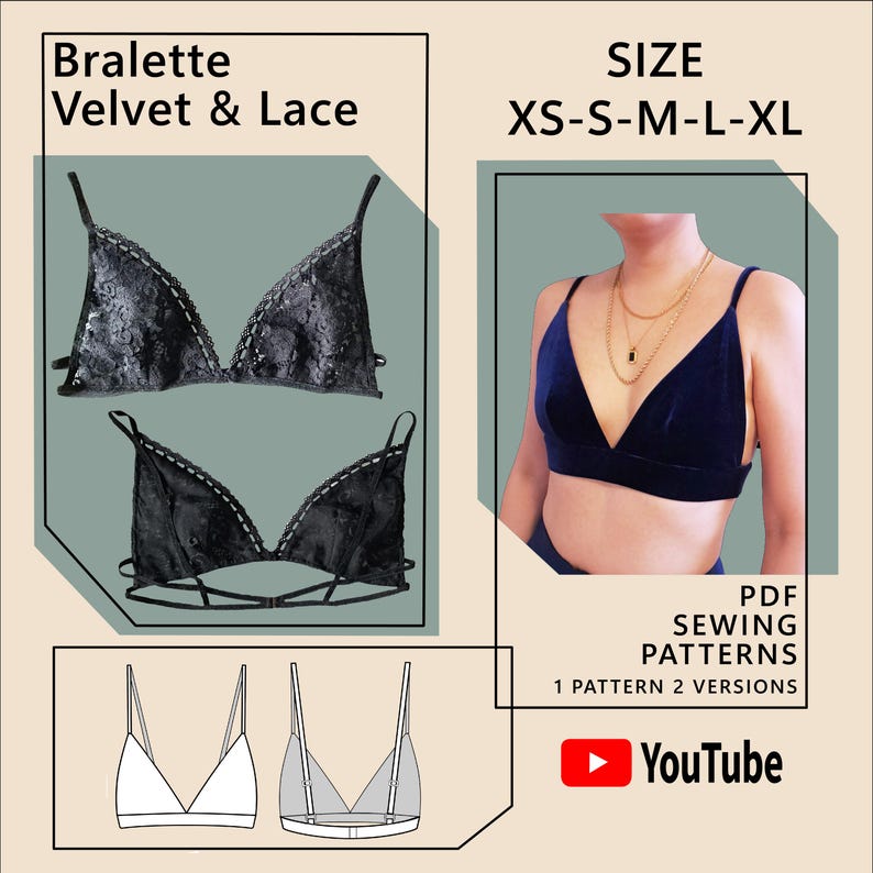 PDF Sewing Patterns Stretch Velvet and Lace Bralette | Size XS-XL | Youtube Tutorial | Summer ...