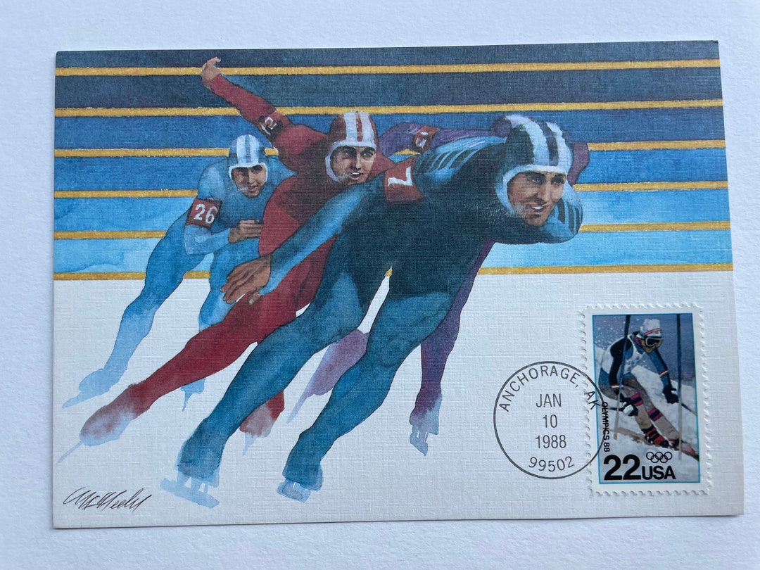 Winter Olympics 1988, First Day of Issue Speed Skating Vintage Postcard ...