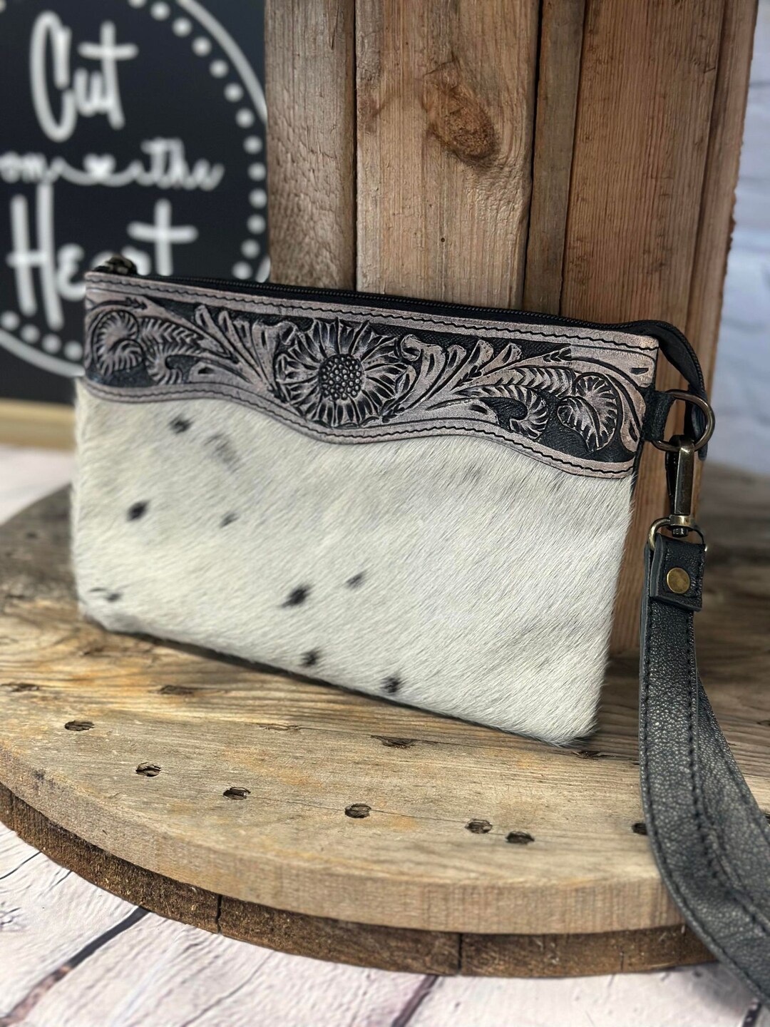 Western Wristlet Tooled Leather Bag With Cowhide, Western Leather Bag ...