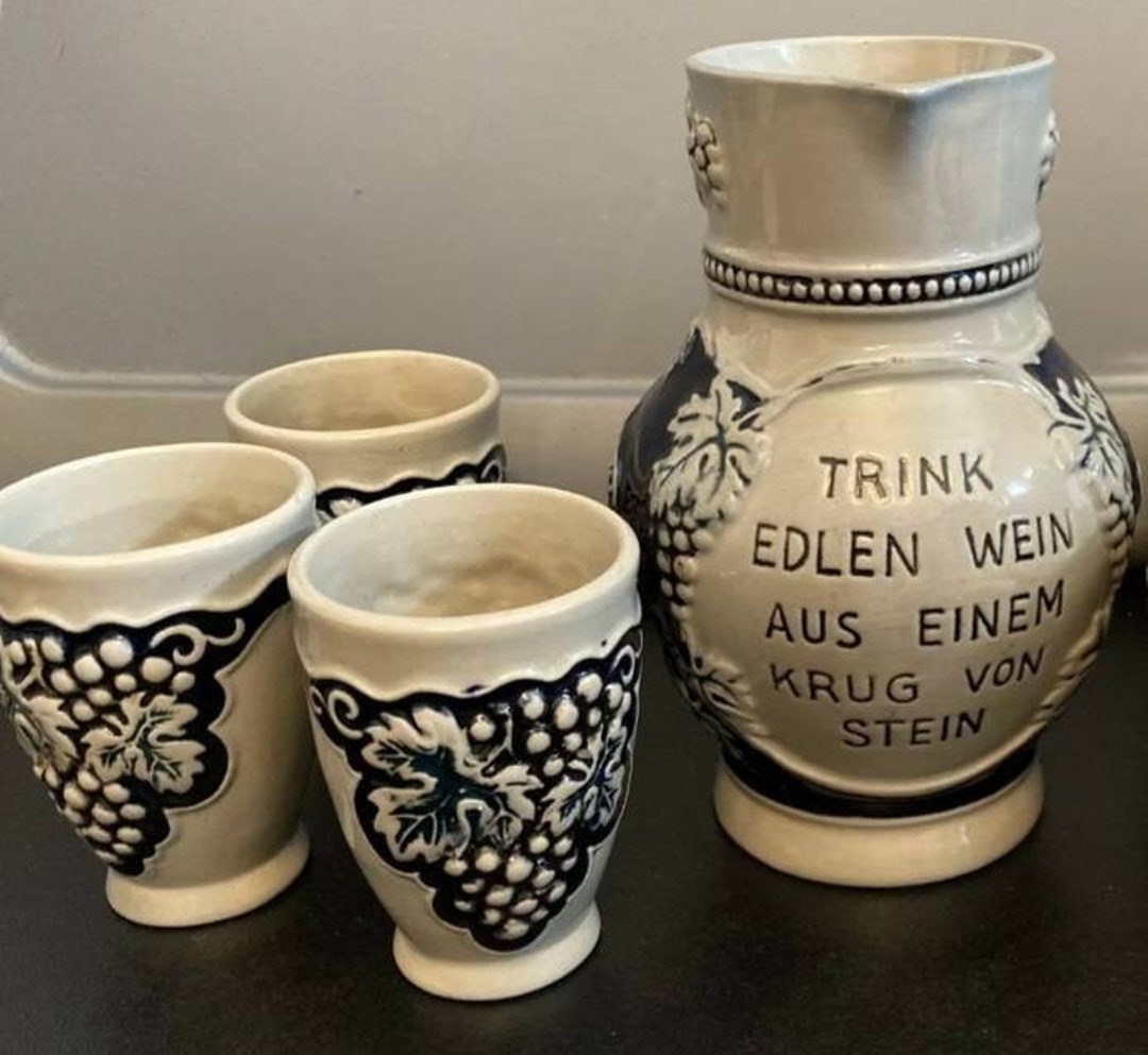 Antique German Stoneware Wine Pitcher With Glasses Cups Set - Etsy