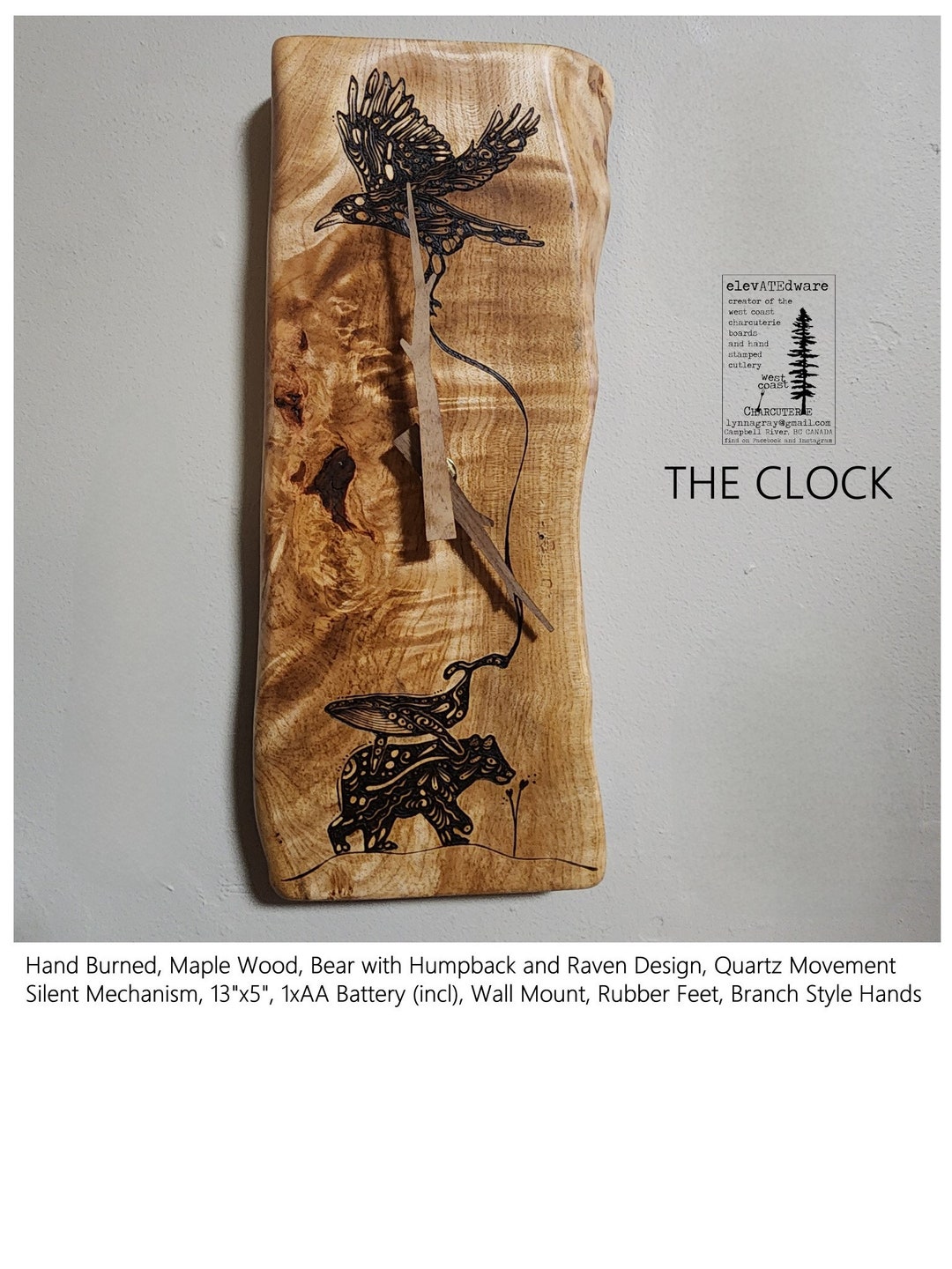 Clock Hand Crafted Wood Live Edge Hand Burned Pyrographic Designs Land ...