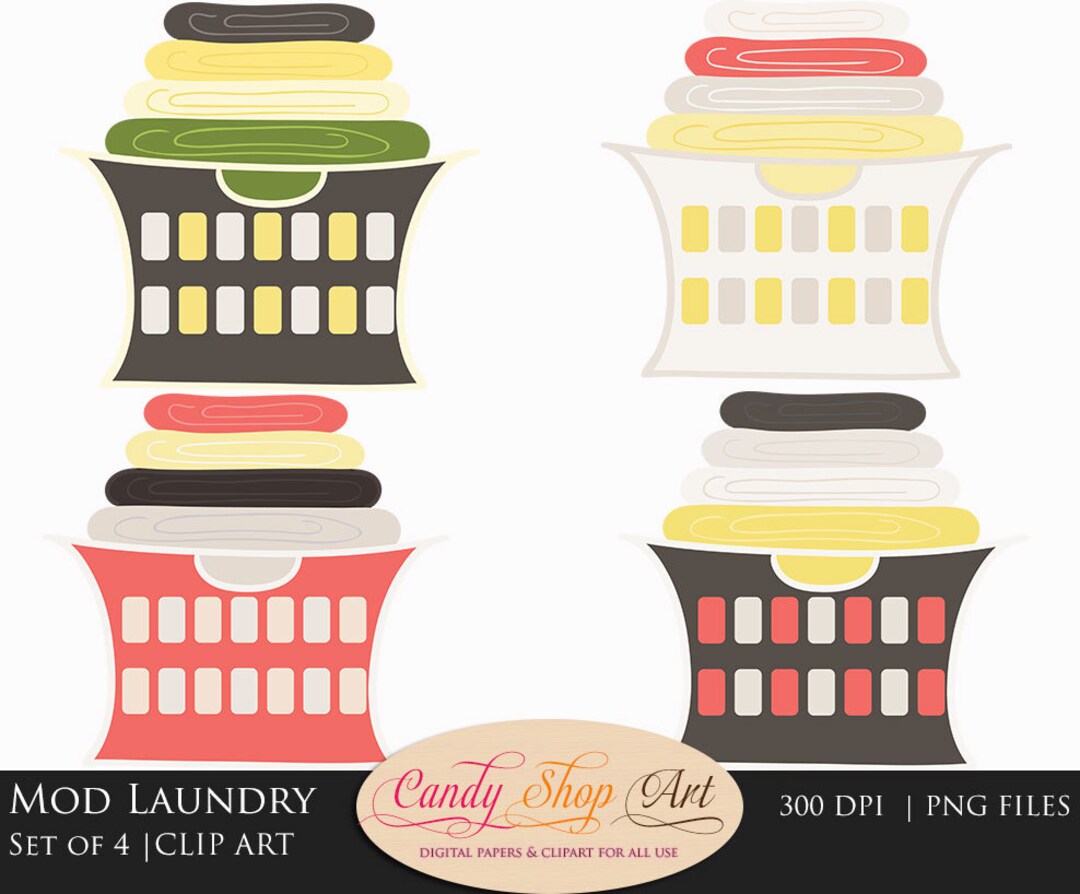 Laundry Clipart - Mod Laundry - Laundry Basket Clip Art - Clean Clothes ...
