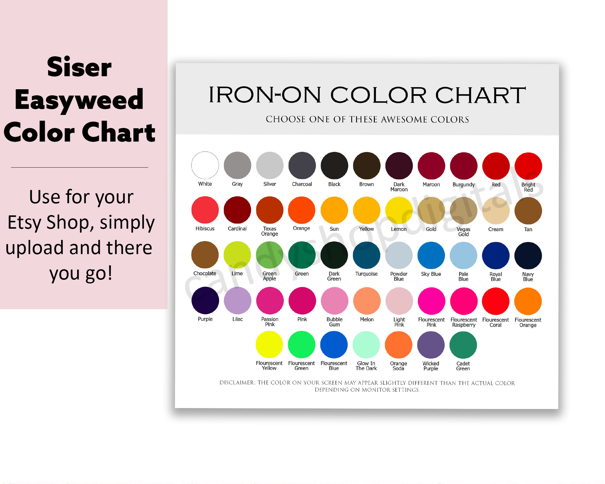 Siser Easyweed Plain Color Chart Color Chart for Etsy Shop Custom Color ...