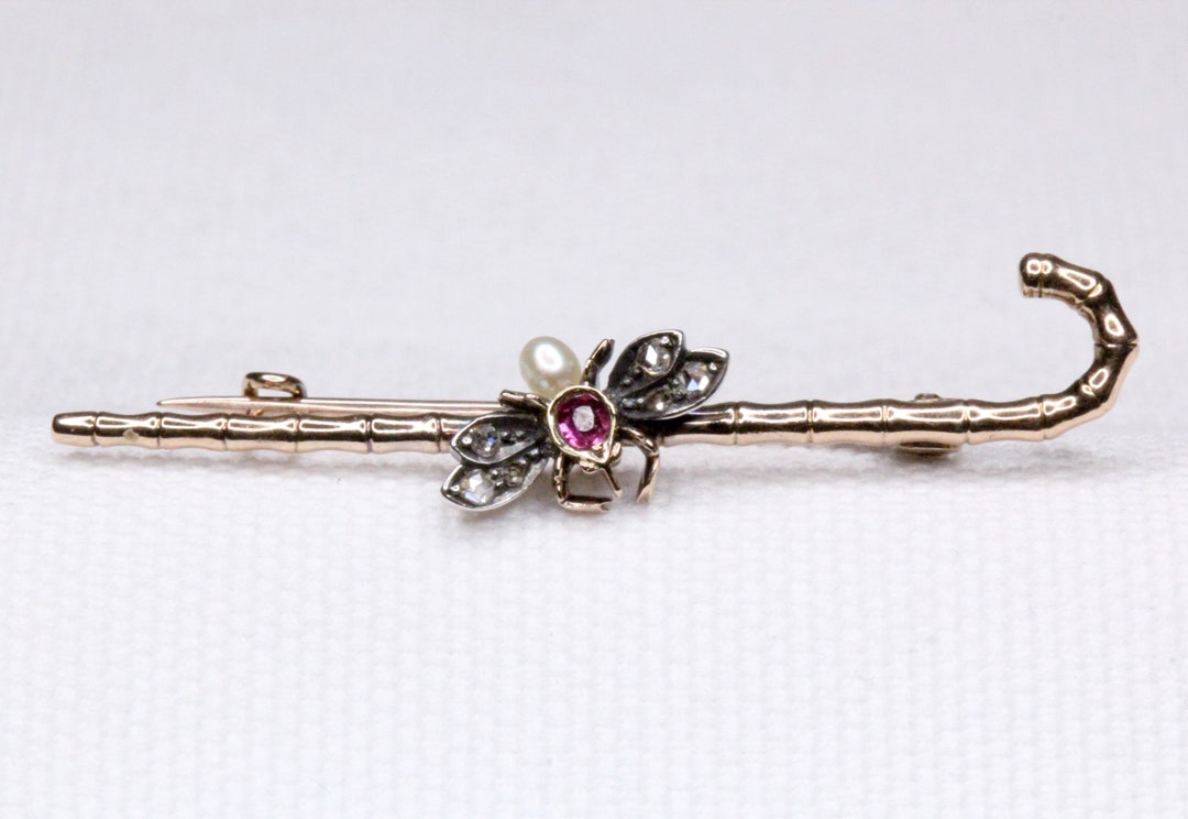 Antique 9ct Gold Red Spinel, Old Cut Diamonds and Pearl Bug Set on a ...
