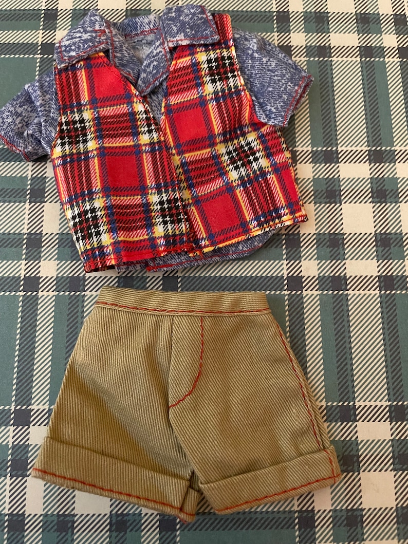1995 Vintage Ken in Style Fashions Khaki Shorts Denim Shirt Plaid Vest ...