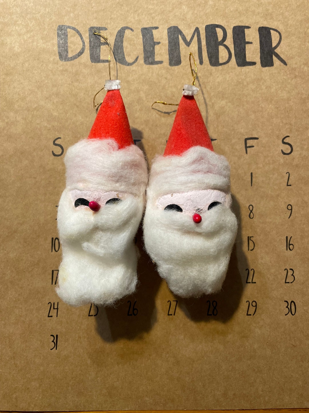 Vintage Paper Mache Santa Ornaments: Cotton Beard, Flocked Hats, Made ...