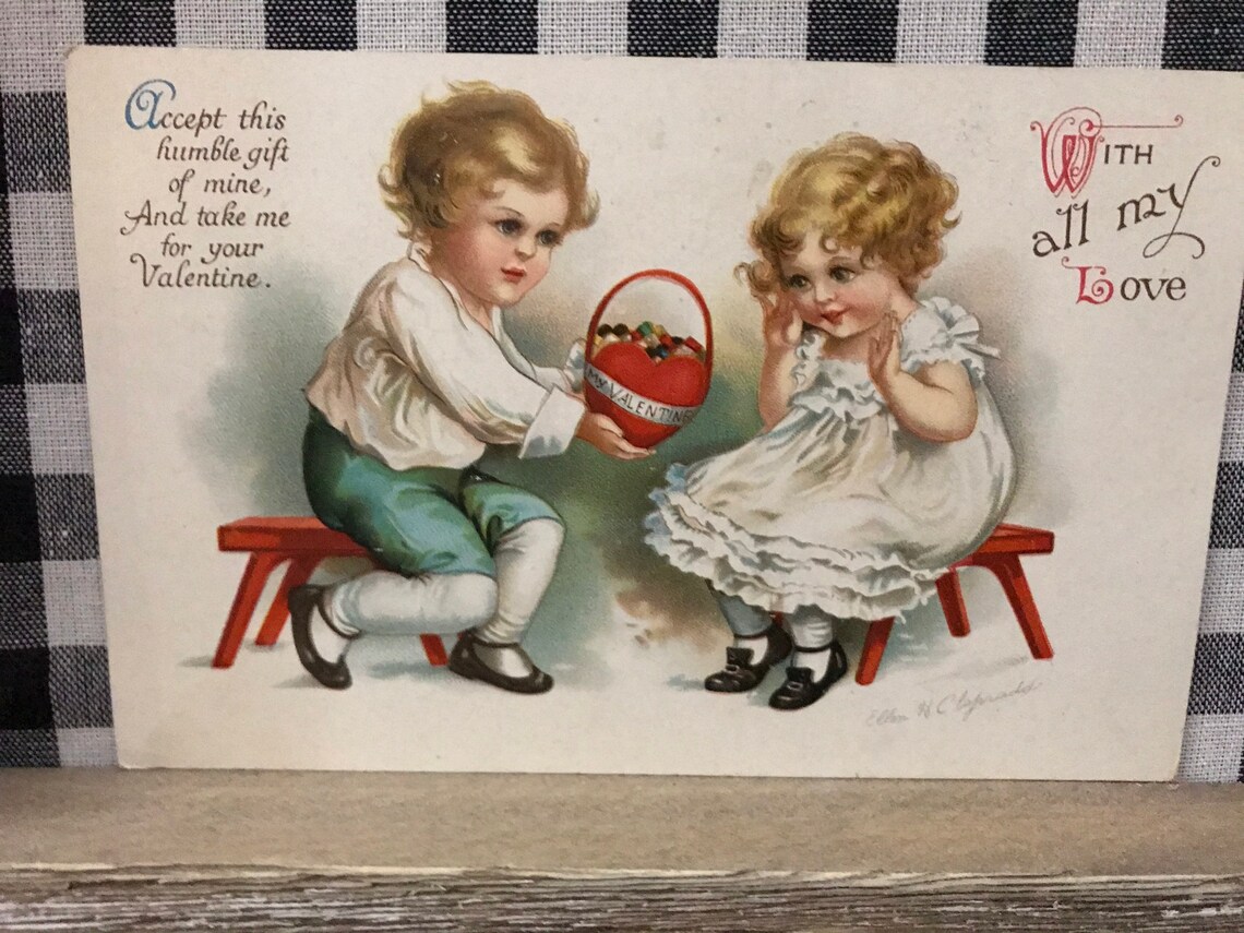 Unposted Ellen Clapsaddle Valentine Postcard a Little Boy Giving a Girl ...