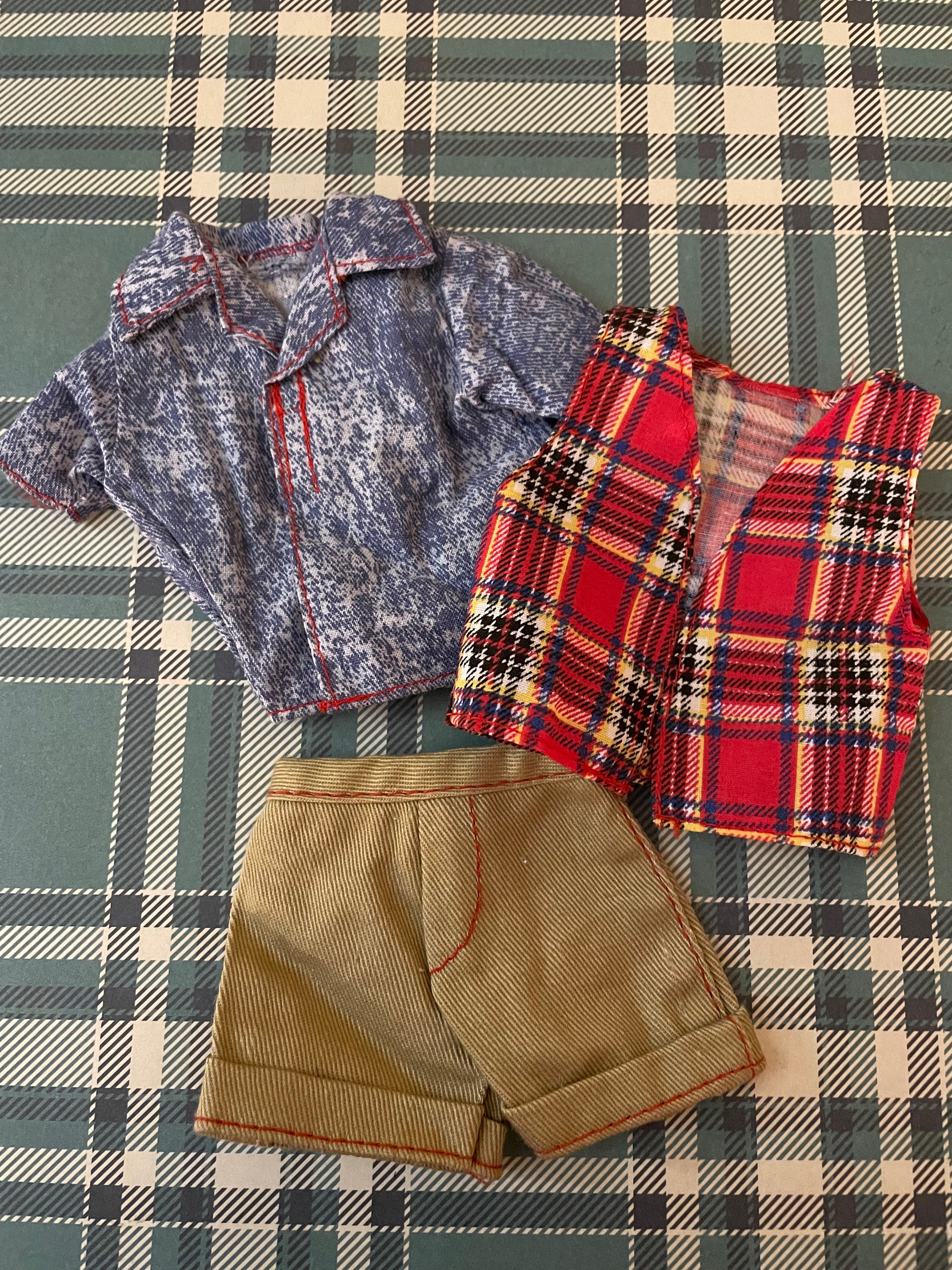 1995 Vintage Ken in Style Fashions Khaki Shorts Denim Shirt Plaid Vest ...