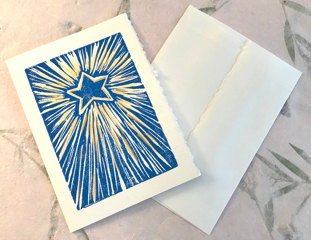 Hand Made Linoleum Block Printed Holiday Cards: Shining Star, 5 Pack - Etsy