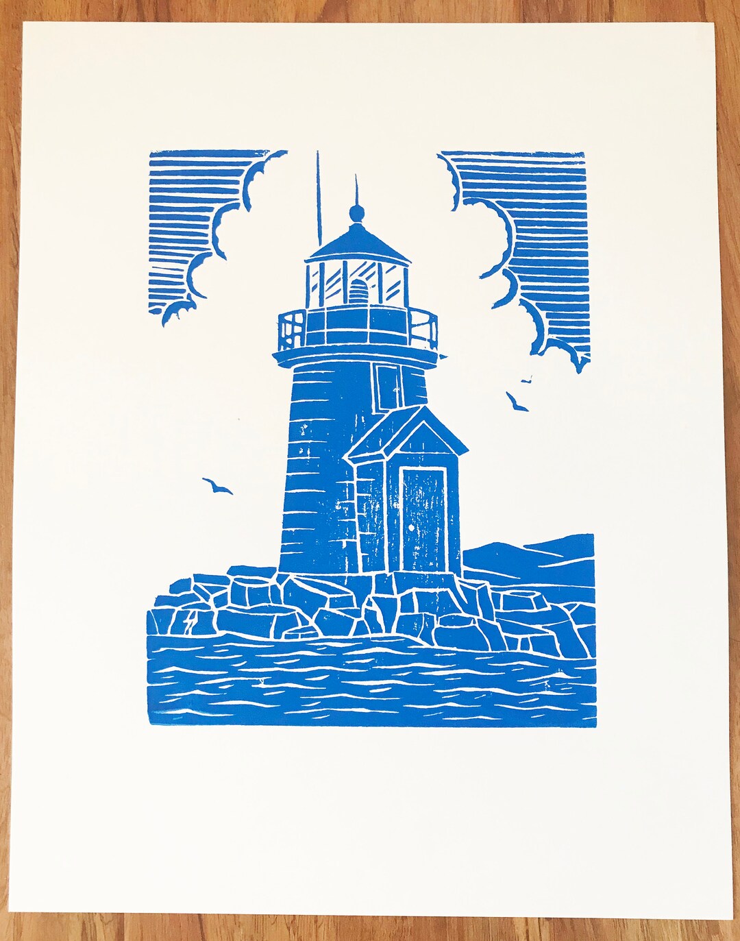 Lighthouse Seaside Woodblock Print - Etsy