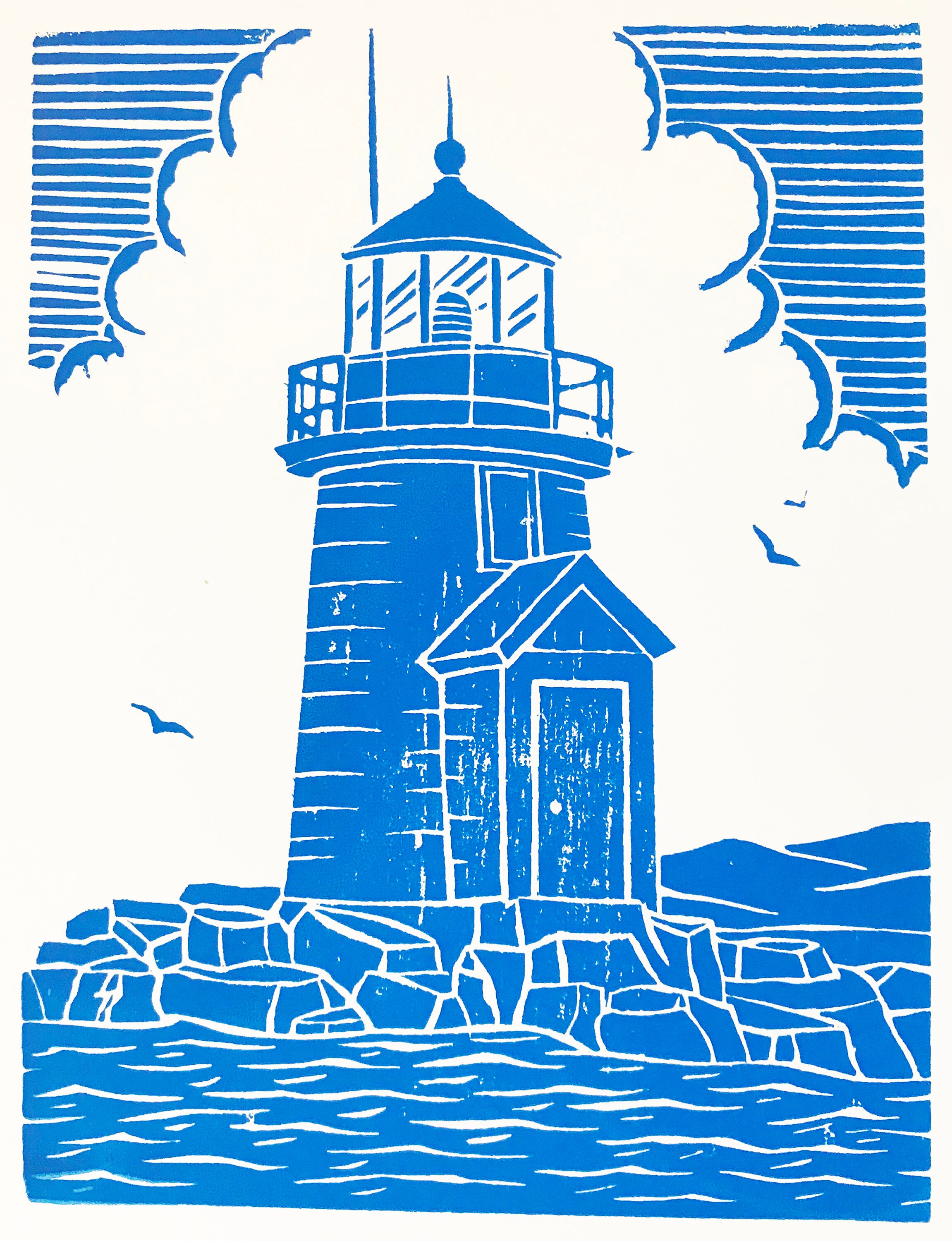 Lighthouse Seaside Woodblock Print - Etsy