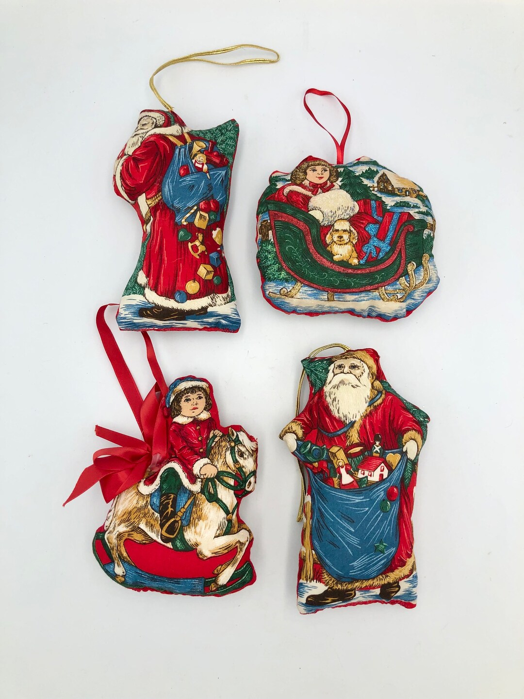 Vintage Set of 4 Christmas Ornaments - Printed Fabric Santas, Girl on ...