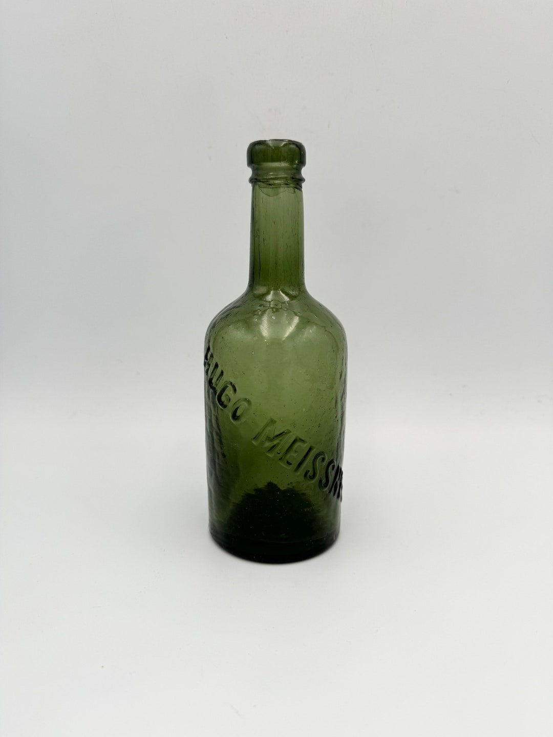 Vintage HUGO MEISSNER Hand Blown Bottle - Olive Green Glass - Early ...
