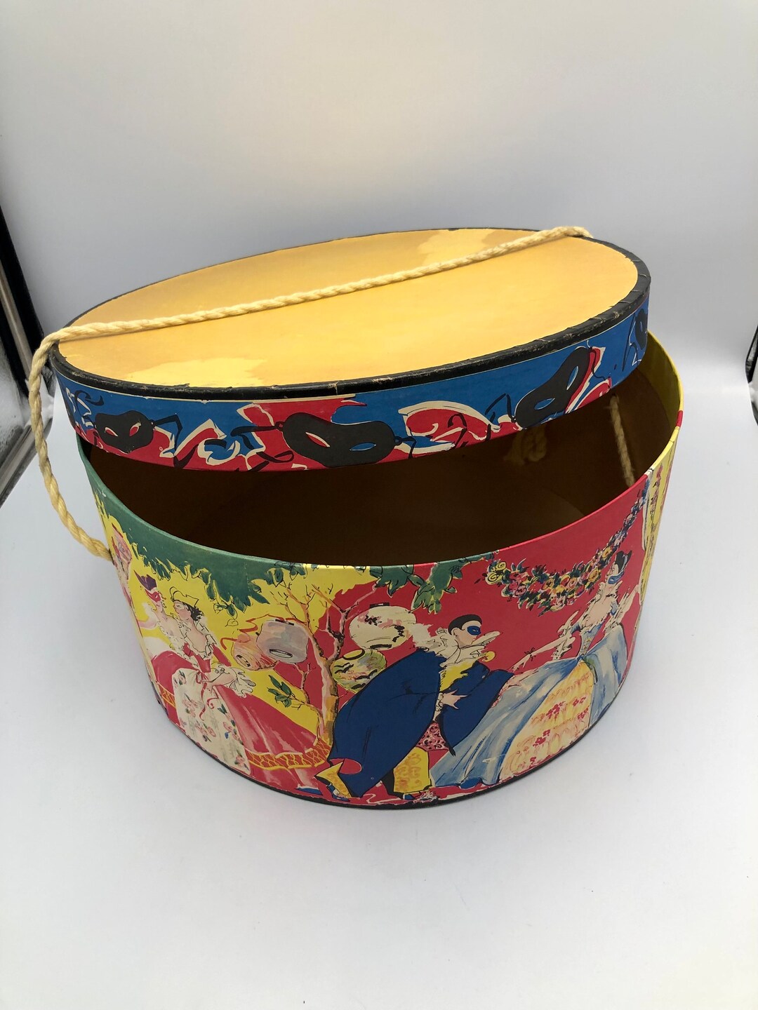 Vintage Hat Box - Masquerade Ball Marie Antionette - Primary Colors, Masks, Dancers, Musicians ...