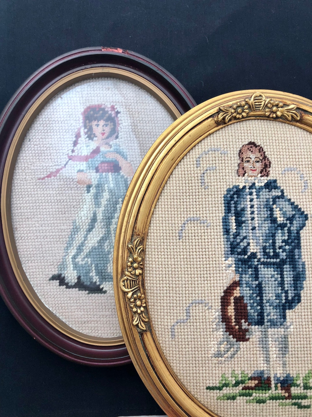 Vintage Choice of Needlepoint Victorian Blue Boy and Pinkie Girl Oval ...