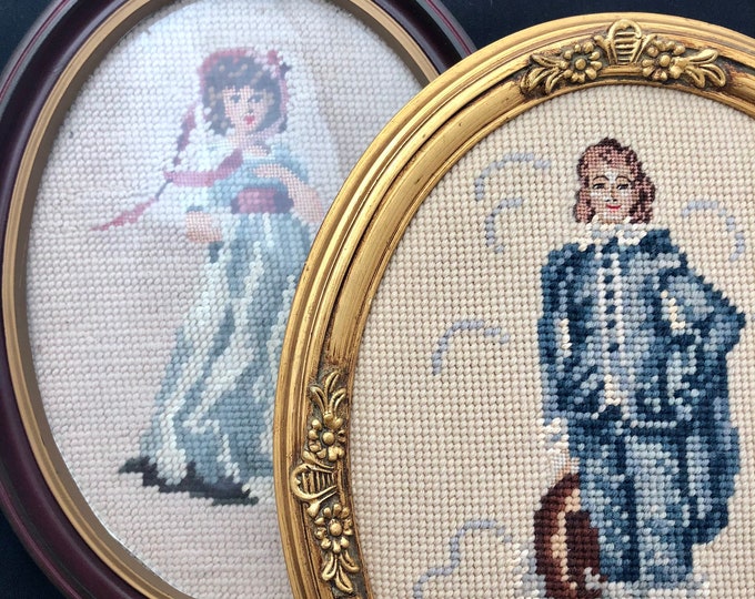 Vintage Choice of Needlepoint Victorian Blue Boy and Pinkie Girl Oval ...