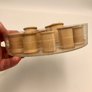 Vintage Thread Holder With Vintage Wooden Spools Clear Plastic Round ...