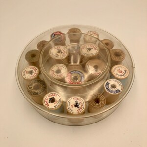 Vintage Thread Holder With Vintage Wooden Spools Clear Plastic Round ...