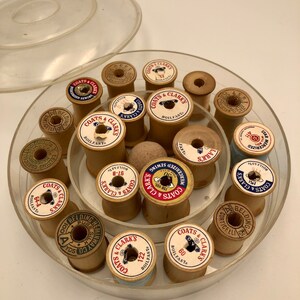Vintage Thread Holder With Vintage Wooden Spools Clear Plastic Round ...